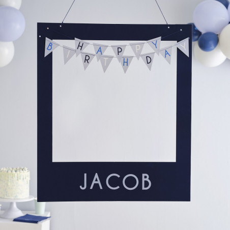Cadre photobooth personnalisable bleu "Happy birthday"